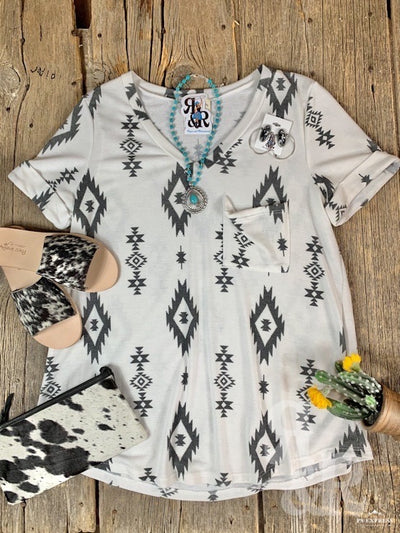 Lovely Melody Aztec V Neck Pocket Top - Ropes and Rhinestones