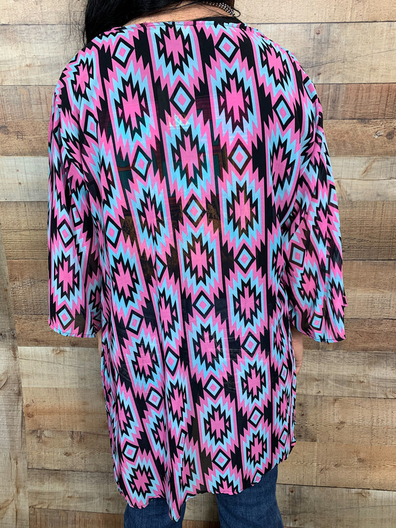 L&B Pink & Black Aztec Kimono - Ropes and Rhinestones